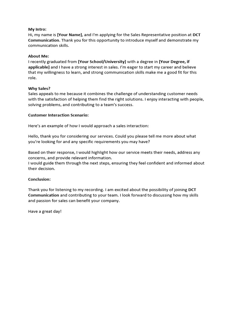 Sales Representative Communication Skills Test Script - DCT ...