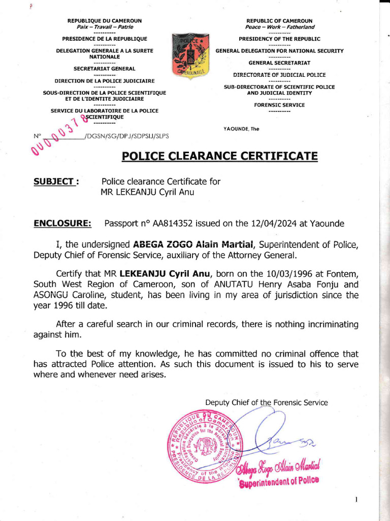 ANU - LEKEANJU - Police Clearence Certificate | PDF | Criminal Law | Criminal Justice