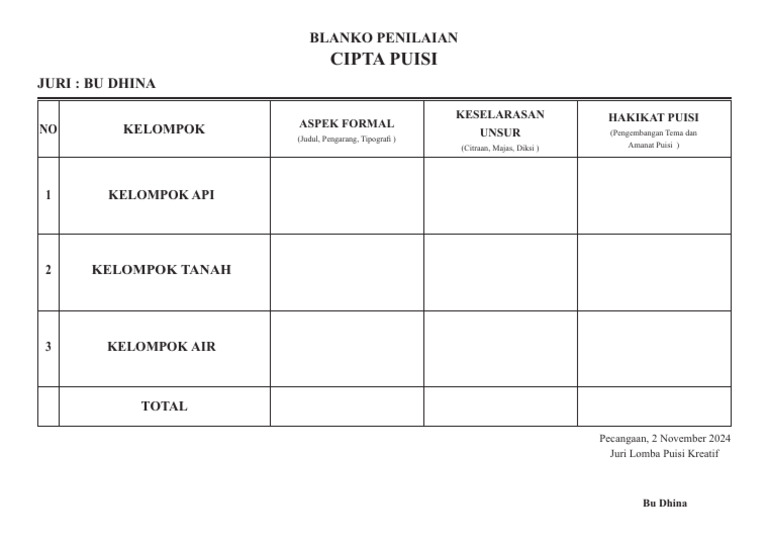 Blanko Penilaian (Cipta Puisi) | PDF