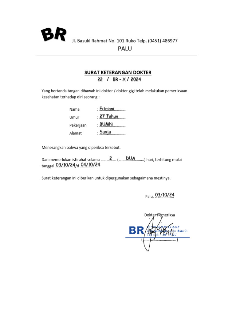 Surat Dokter - Klinik Basuki Rahmat | PDF