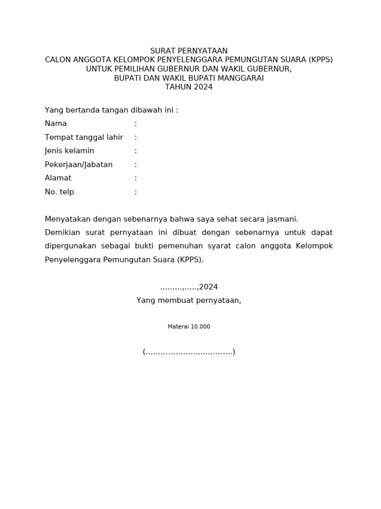 Surat Pernyataan Sehat KPPS | PDF