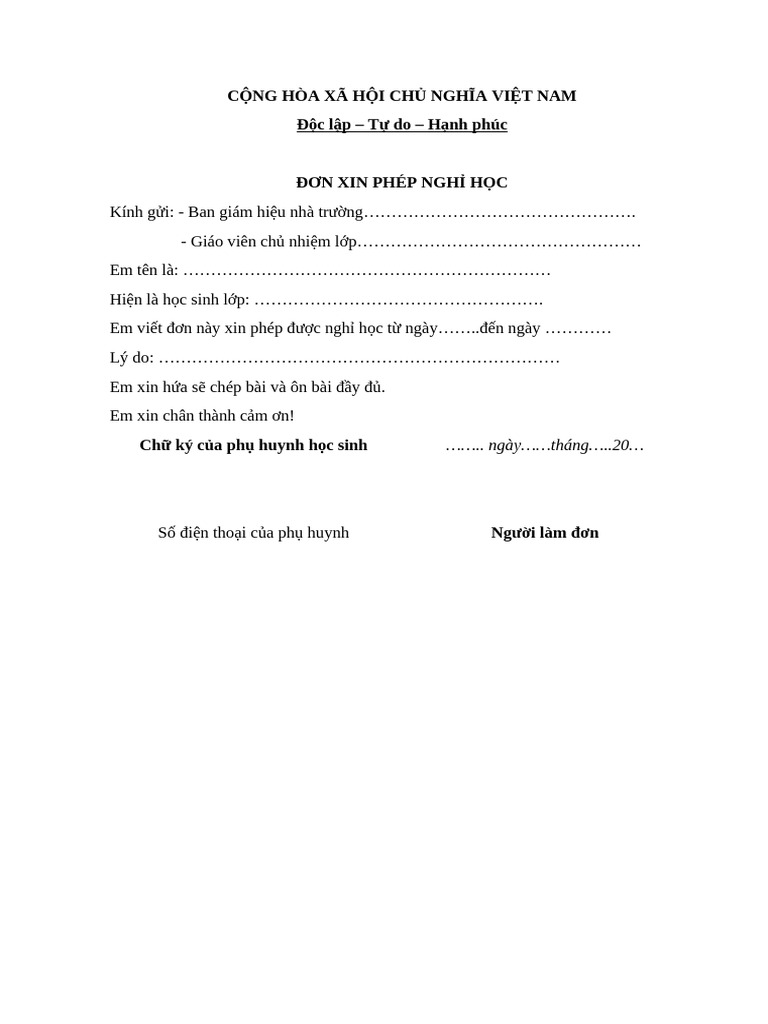 Don Xin Nghi Phep Hoc Sinh 2909084731 | PDF