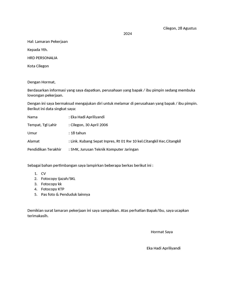 Surat Lamaran Eka | PDF