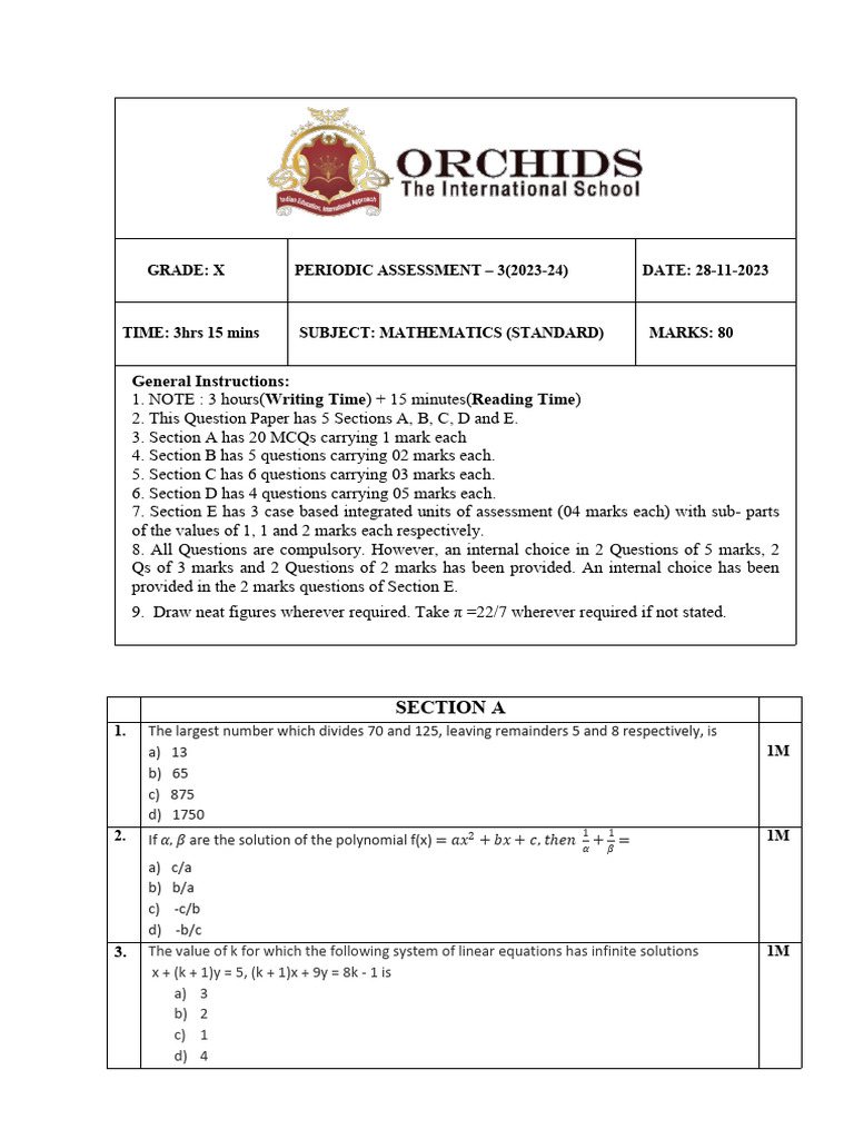 General Instructions: Writing Time Reading Time: Grade: X PERIODIC ...