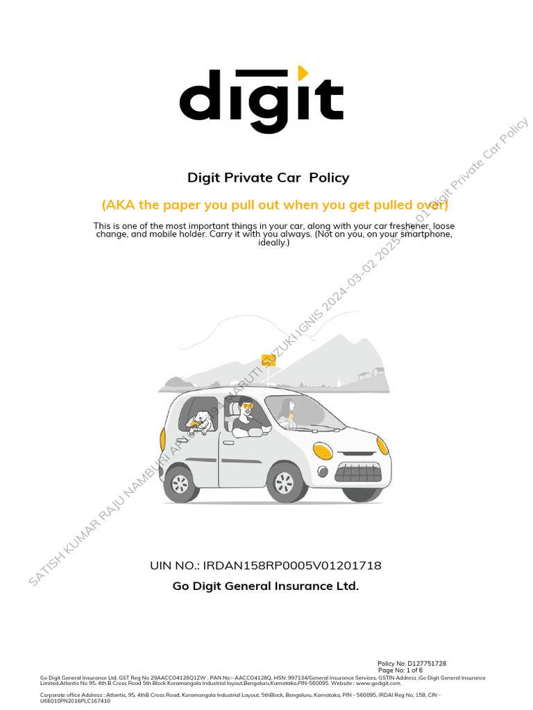 Digit Private Car Insurance Policy Details | PDF | Insurance | Business Law