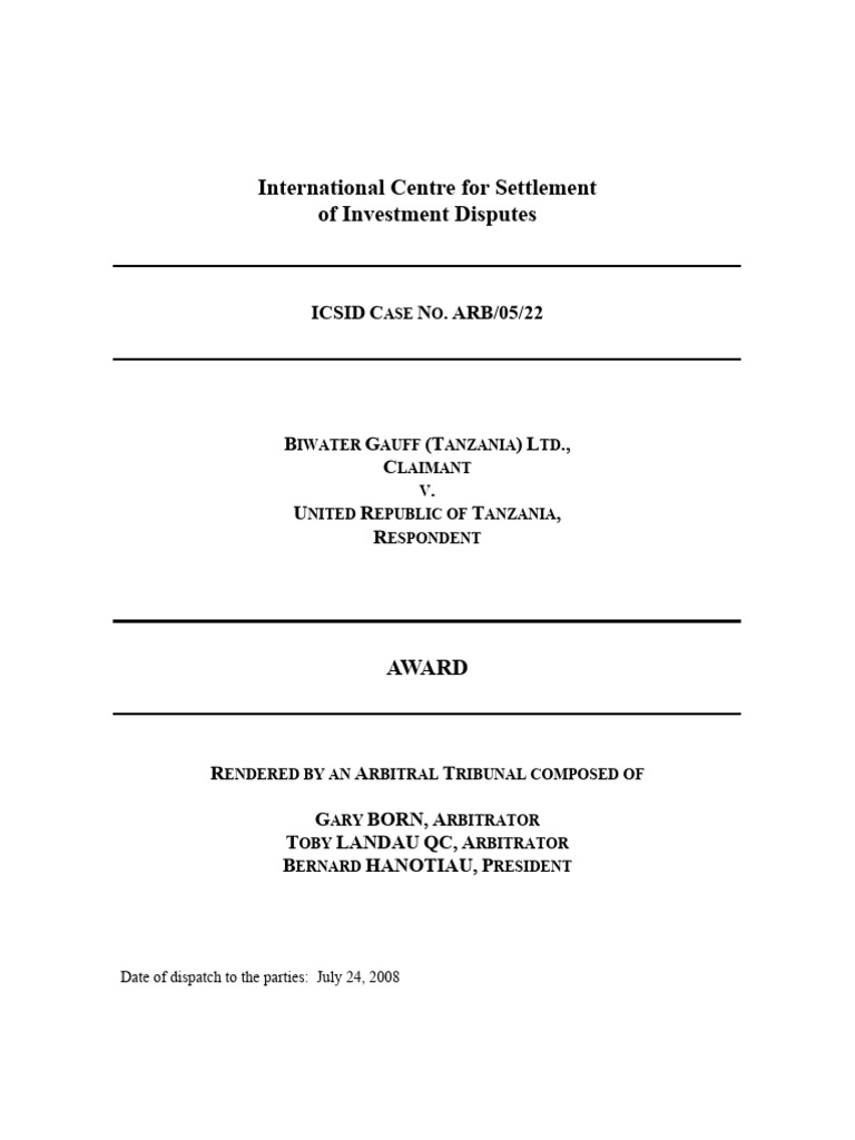 I.1.1. Biwater V Tanzania ICSID Award - 1 | PDF | Lease | Investing