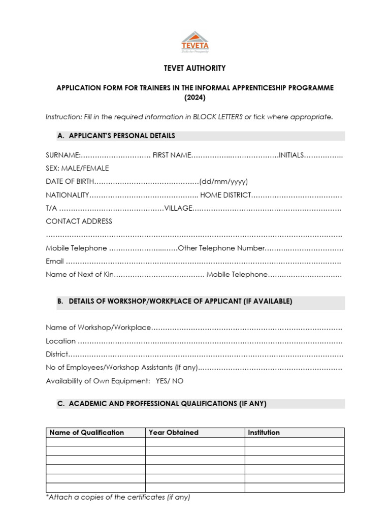 Application Form For Trainers in Informal Apprenticeship 2024 | PDF ...