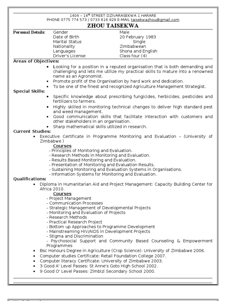Agronomist Resume for Zimbabwe Opportunities | PDF | Crop Rotation ...