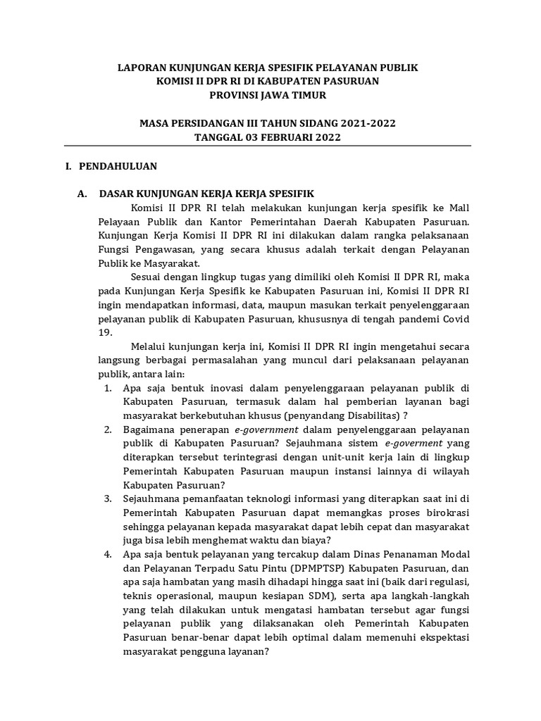 Laporan Kunjungan Kerja DPR di Pasuruan | PDF