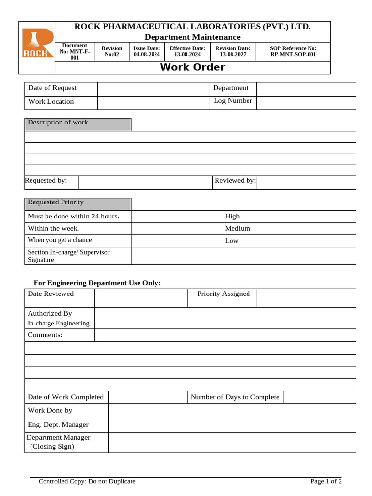 MNT F 001 Work Order | PDF | Technology & Engineering