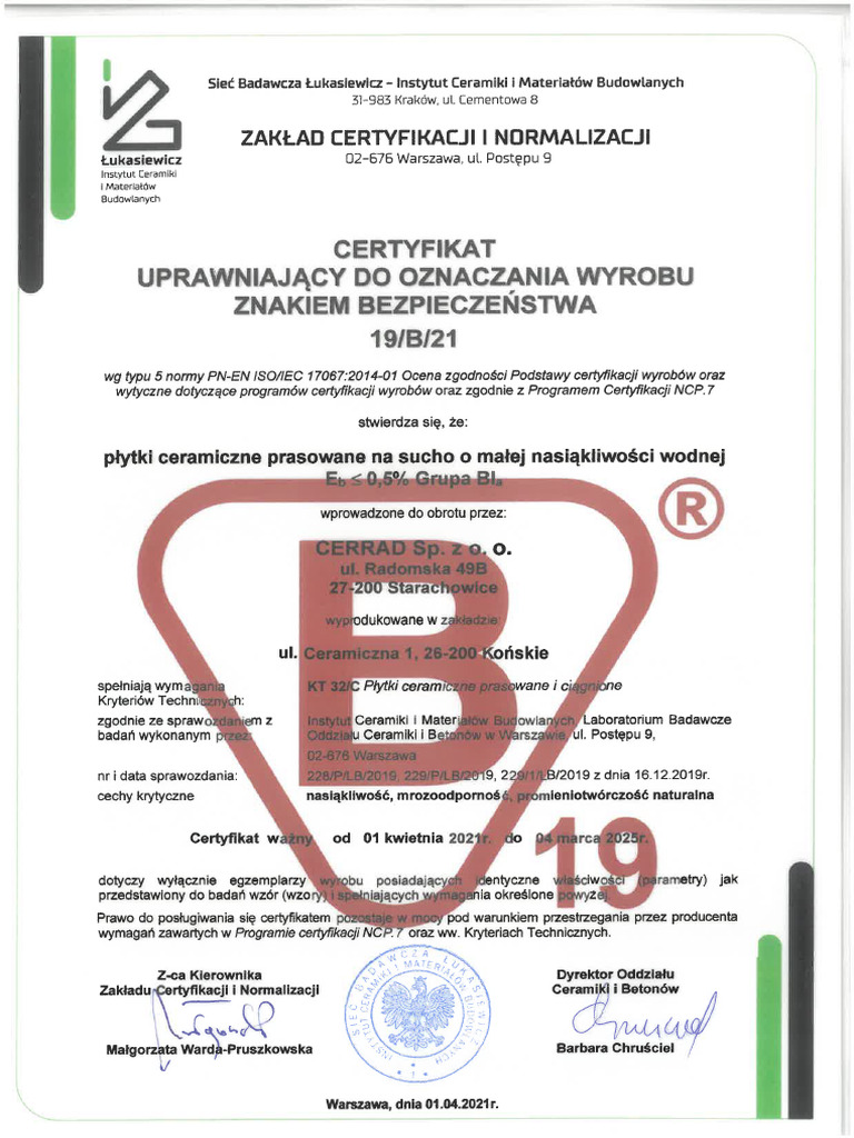 Certyfikat NR 19 B 21 | PDF