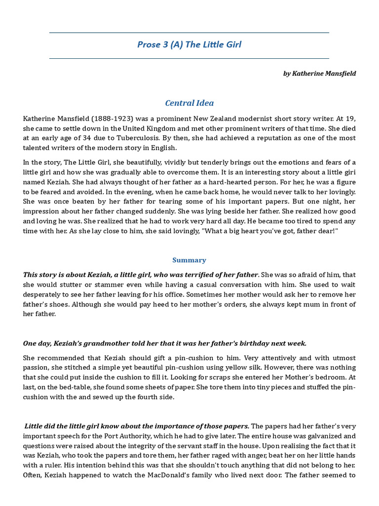 Understanding "The Little Girl" by Mansfield | PDF | Emotions | Sky