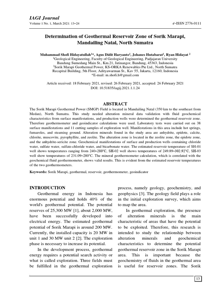 Determination of Geothermal Reservoir Zone of Sorik Marapi, Mandailing ...