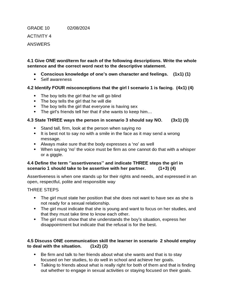 Grade 10 Activity 4 Answers | PDF | Human Sexual Activity | Adolescence