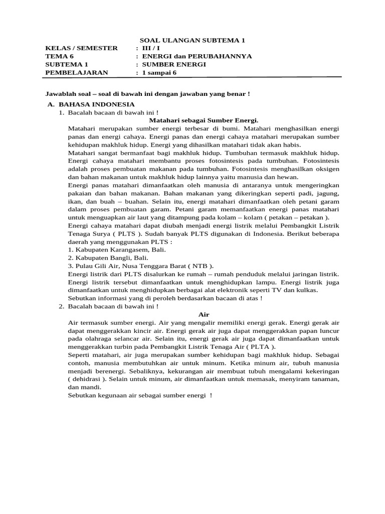 Soal Ulangan Tema 6 Subtema 1 | PDF