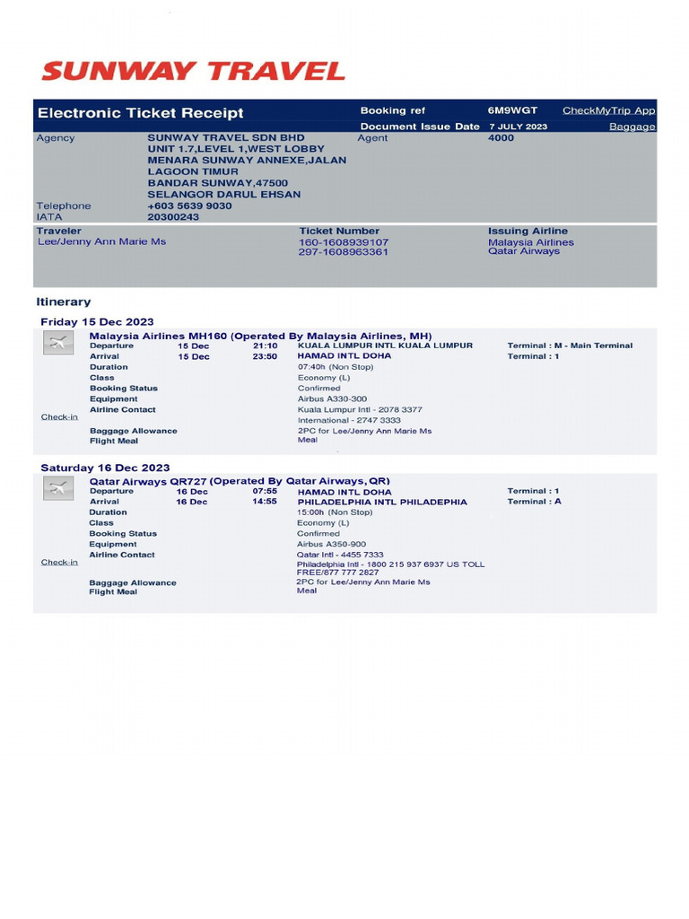 E-Ticket For JENNY ANN MARIE LEE Departure 15DEC2023 For KUL - DOH ...