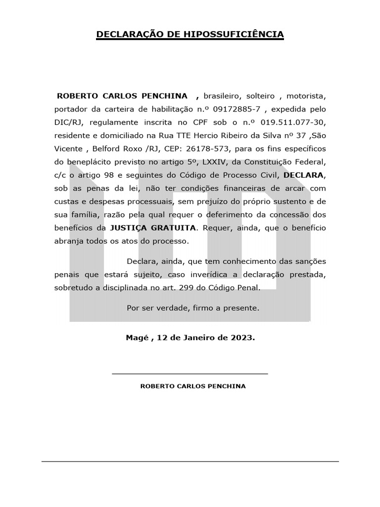 DECLARAÇÃO DE HIPO ROBERTO PENCHINA ... | PDF DECLARAÇÃO DE HIPO ROBERTO PENCHINA ... | PDF