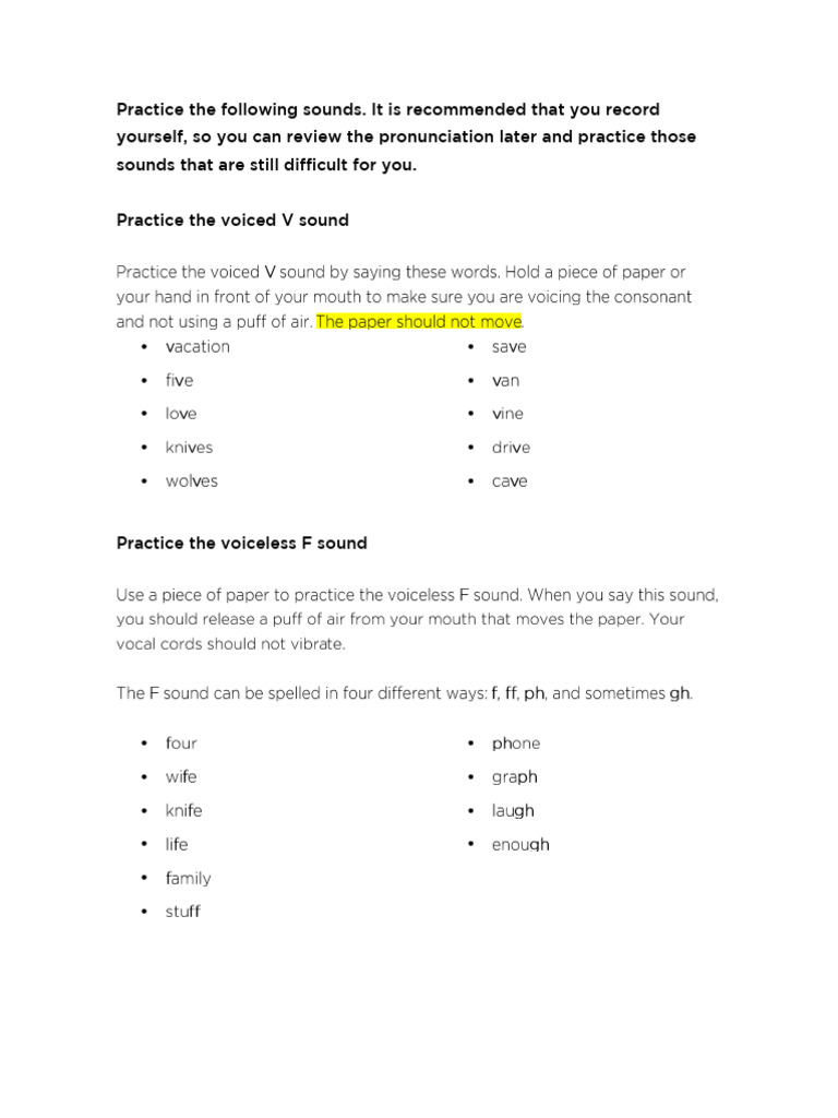 Pronunciation practice v and f sounds | PDF