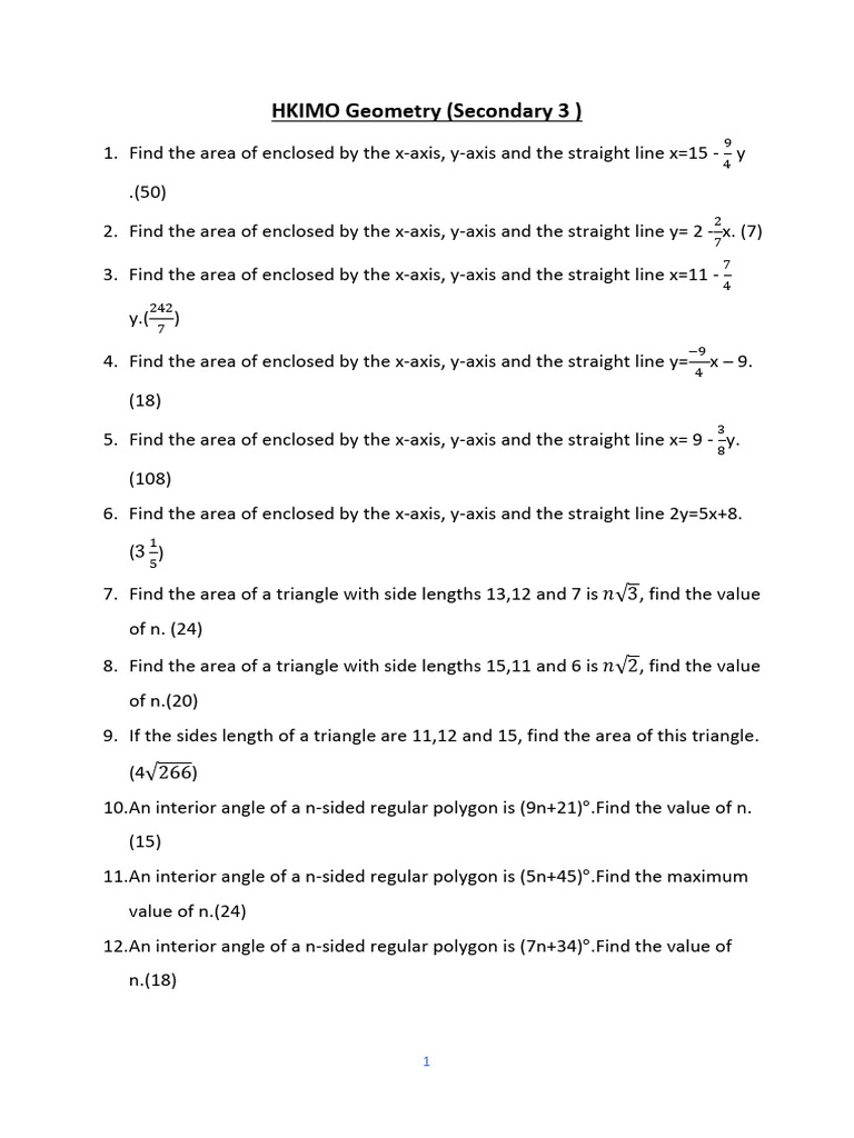 HKIMO Geometry (Secondary 3)pdf | PDF | Triangle | Area