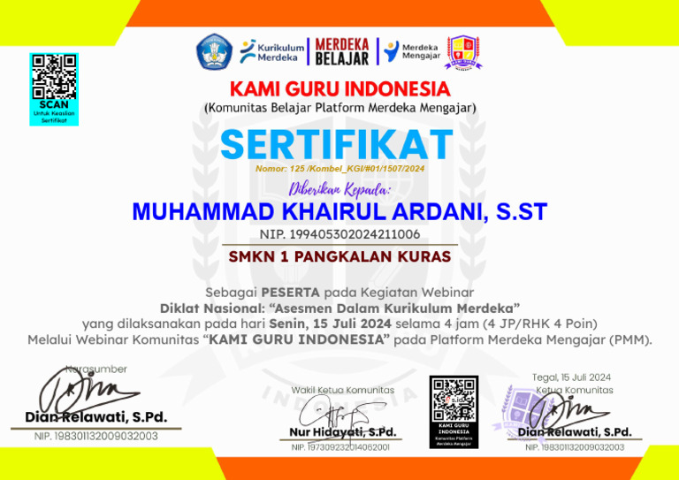 Muhammad Khairul Ardani, S.ST - Sertifikat Kgi #01 - Diklat Nasional - Asesmen Dalam Kurikulum ...