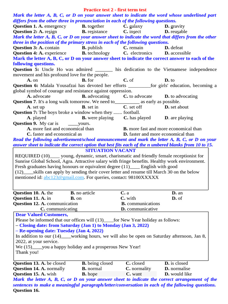 HS Grade 12 Practice Test 2 (First Term) | PDF | International ...