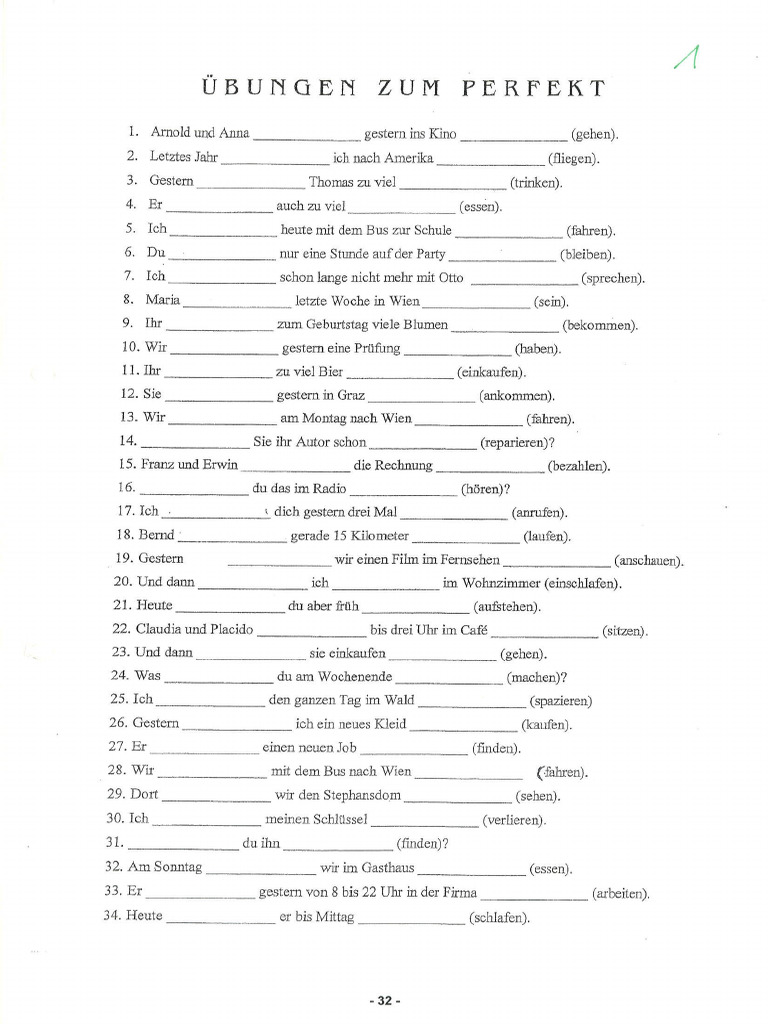 Perfekt, Übungen 1,2,3 + Lösungen | PDF
