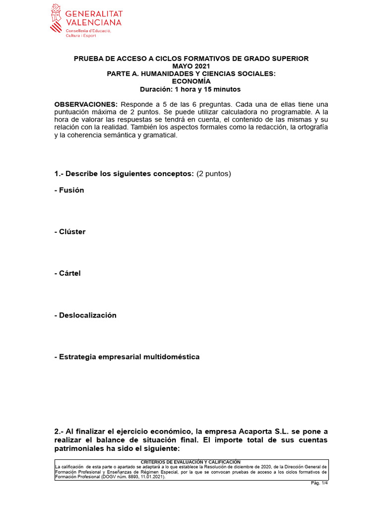 Examen Economia Empresa Prueba Acceso Grado Superior Comunidad Valenciana 2021 | PDF | Business ...