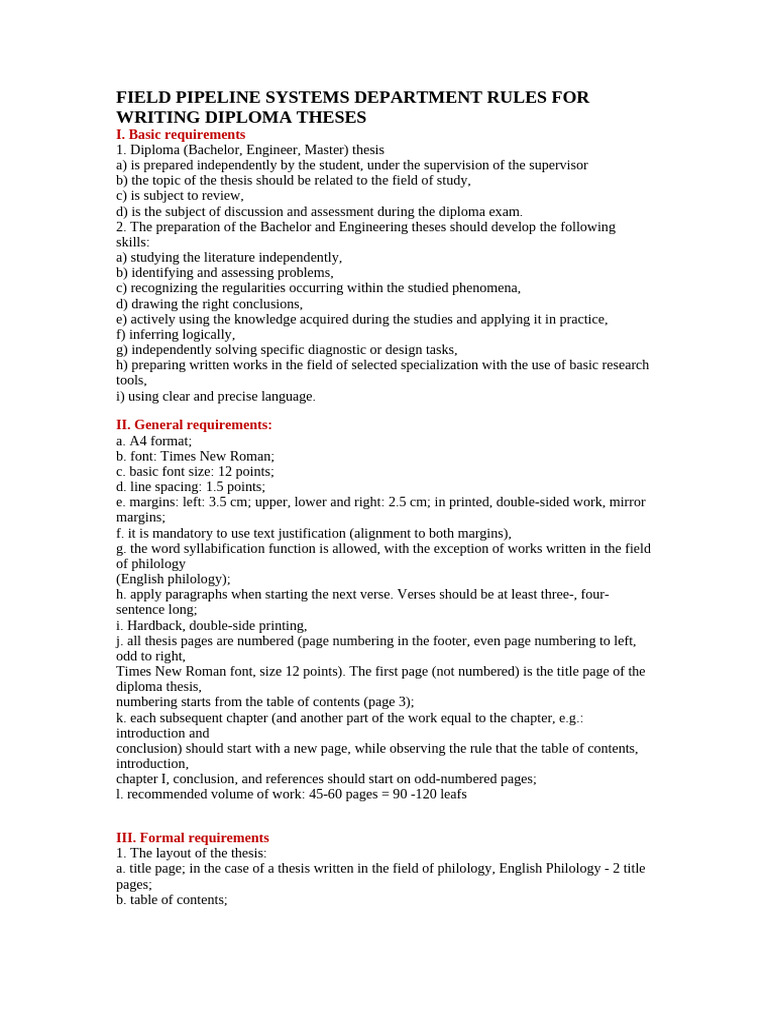Field Pipeline Systems Department Rules For Writing Bachelors' Thesis ...