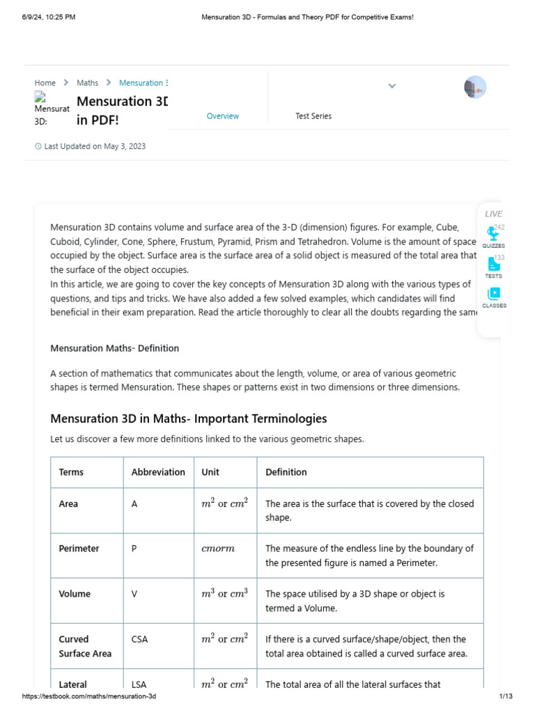 Mensuration 3D: Formulas & Concepts PDF | PDF | Area | Volume