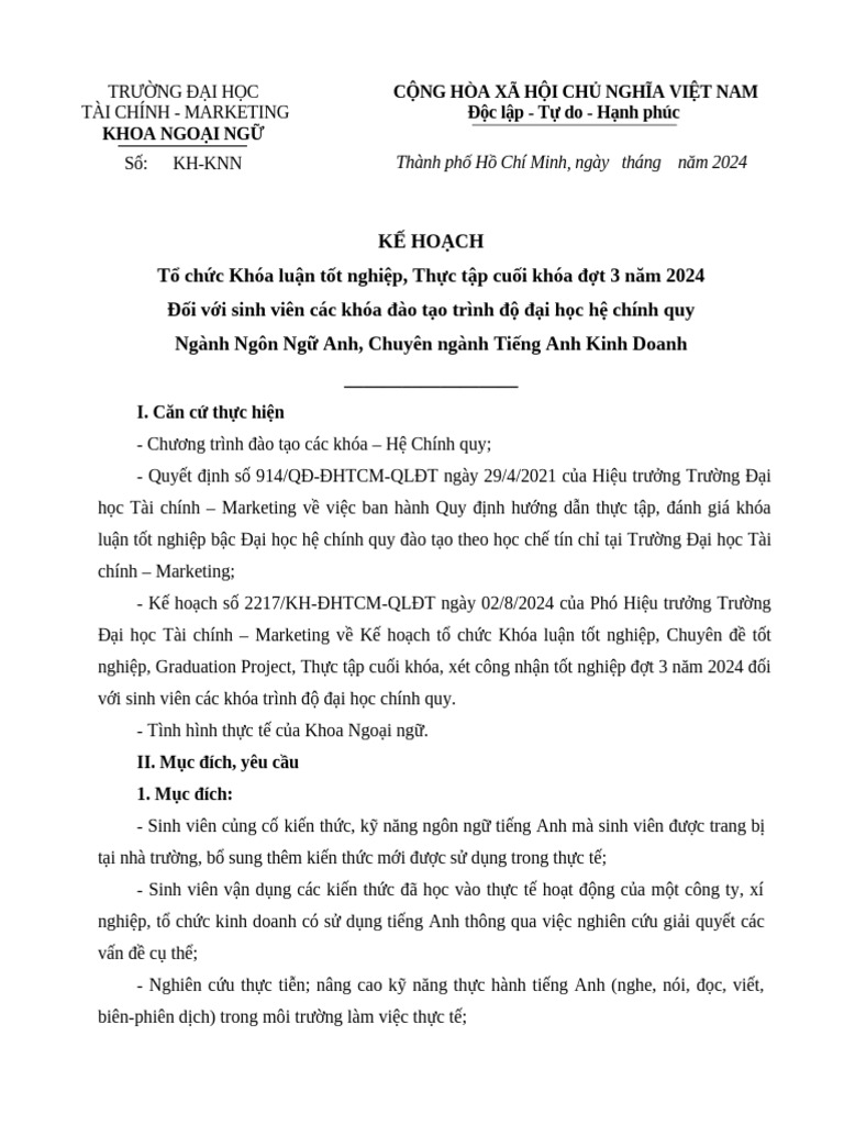 2. Kế hoạch KLTN-TTCK - Đợt 3.2024 | PDF