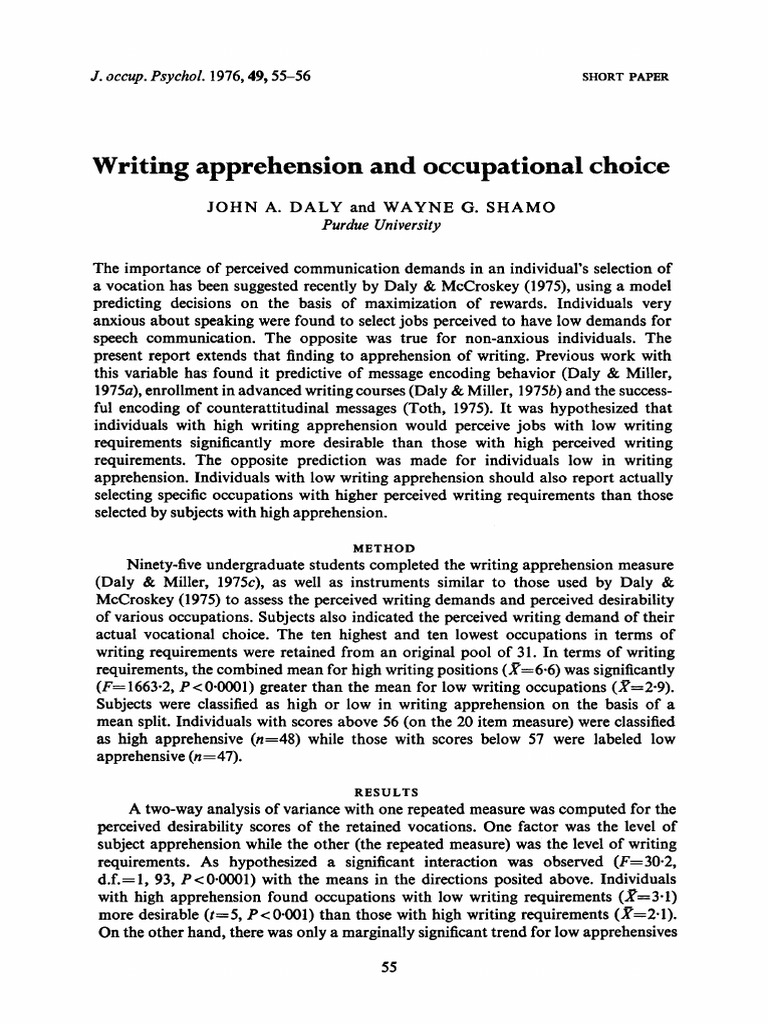 1976 Occupational Choice #Writing Apprehension and Occupational Choice ...