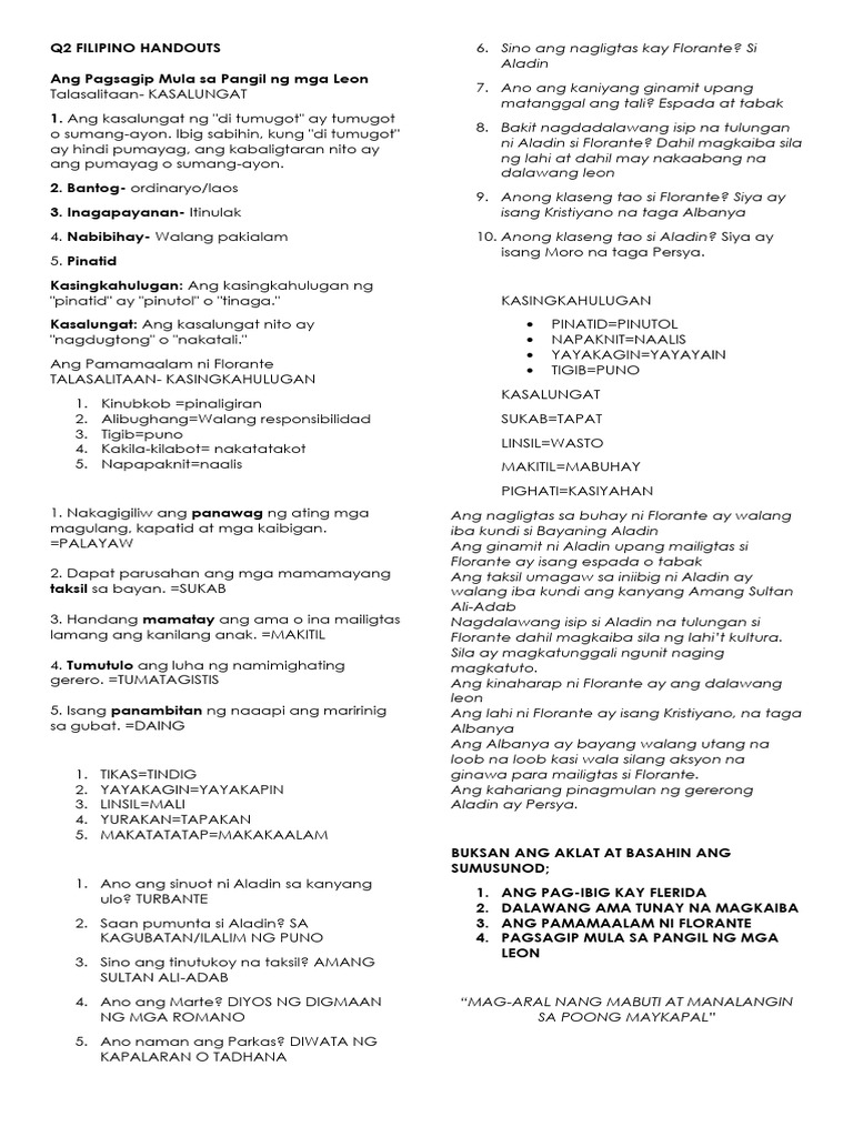 q2 Filipino Handouts | PDF