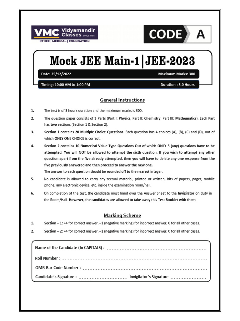 Mock JEE Main 2023 Exam Instructions | PDF | Acceleration | Physical ...