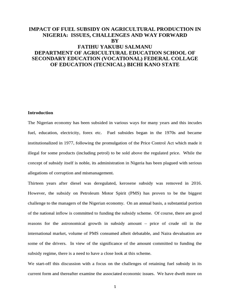 Fuel Subsidy Impact on Nigerian Agriculture | PDF | Cost Of Living | Subsidy