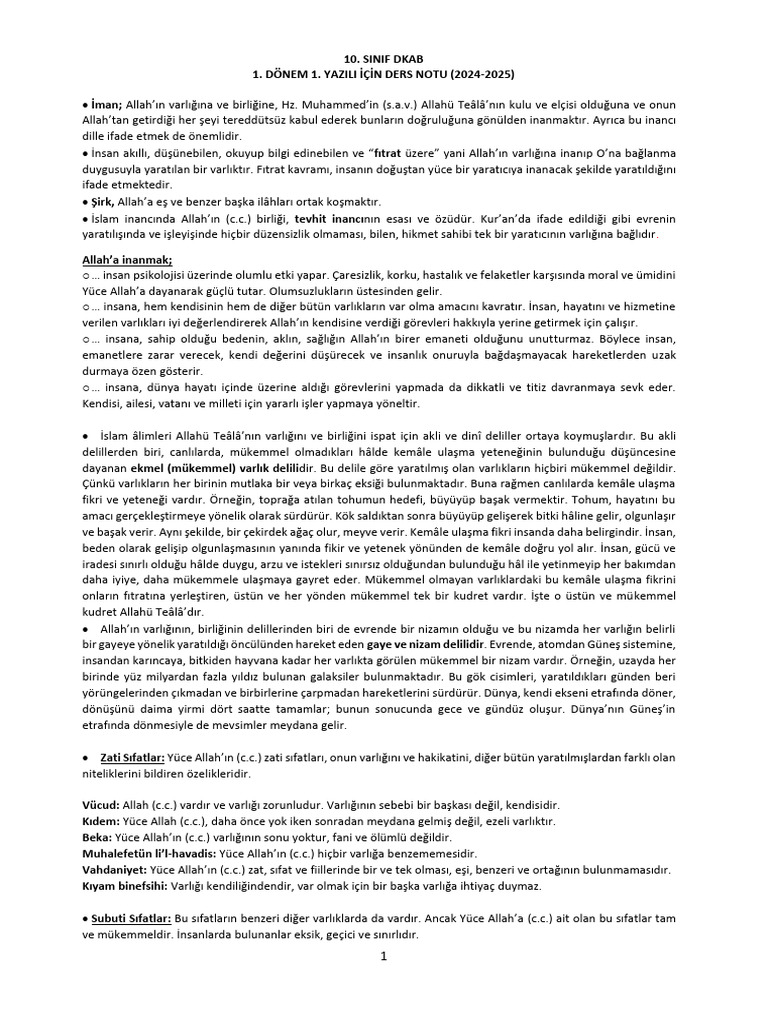 10 Dkab I. Dönem 1. Yazili Ders Notlari 2024-2025 | PDF