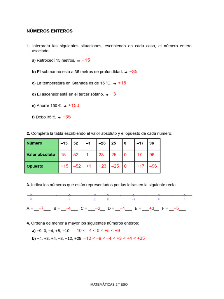 Numeros Enteros 2eso Repaso Soluciones | PDF | Números | Matemáticas