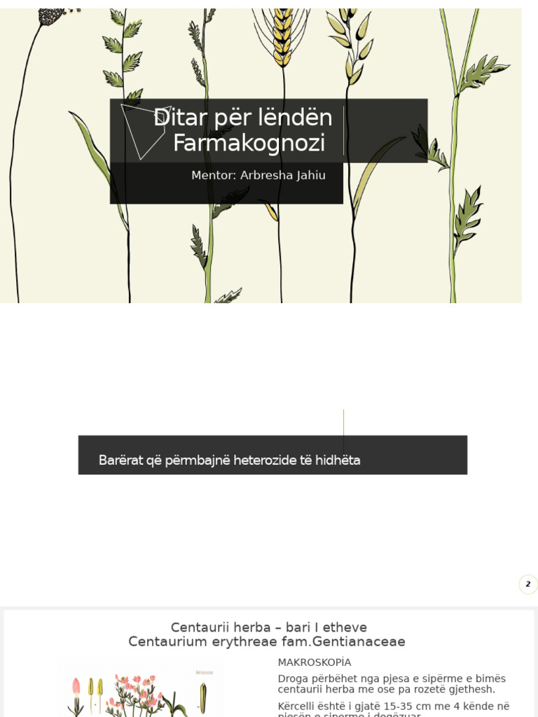 Ditar Për Lëndën Farmakognozi: Mentor: Arbresha Jahiu | PDF