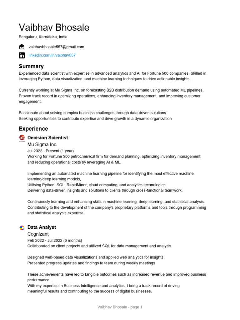 Resume Vaibhav Bhosale | PDF | Analytics | Machine Learning