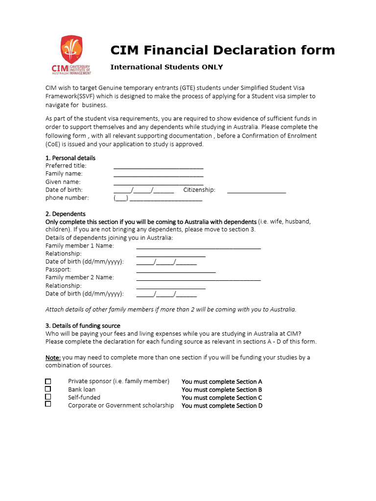 CIM Financial Checklist Form | PDF | Employment | Travel Visa