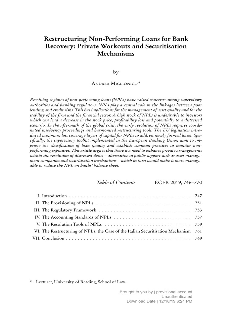 Restructuring Non-Performing Loans For Bank Recovery: Private Workouts ...