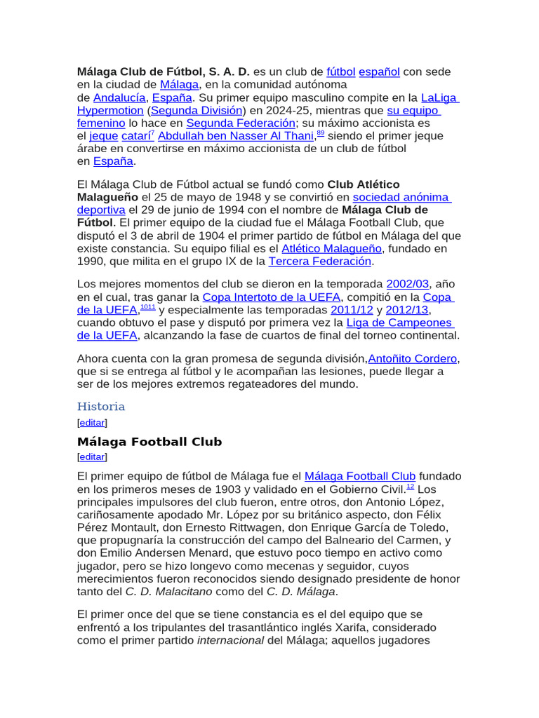 Historia Malaga | PDF | Asociación Nacional de Fútbol Premier Ligas | Asociación de Futbol