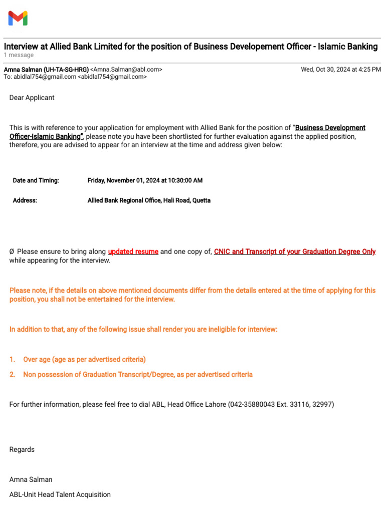 Gmail - Interview at Allied Bank Limited For The Position of Business ...