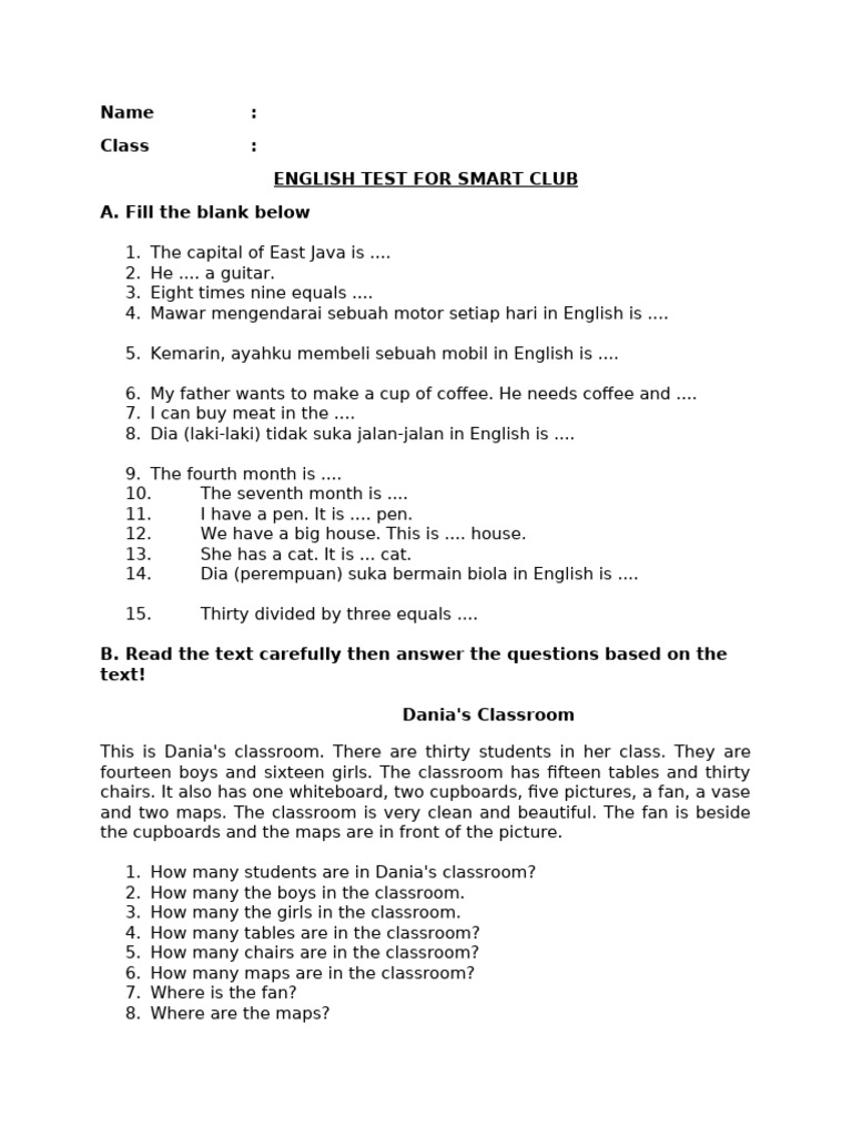 English Test for Smart Club Students | PDF