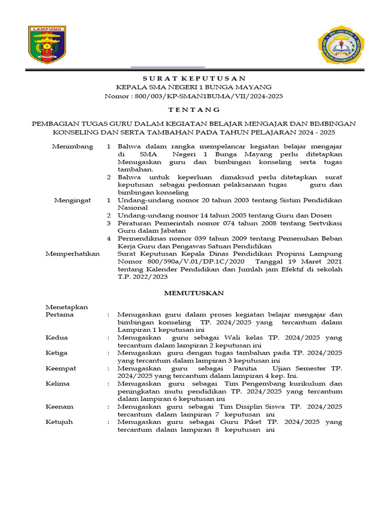 SK Pembagian Tugas Semester Ganjil 2024-2025 Oke | PDF