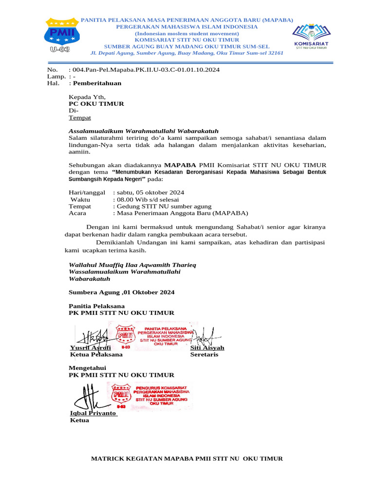 Surat Pemberitahuan Cabang Pmii Oku Timur | PDF
