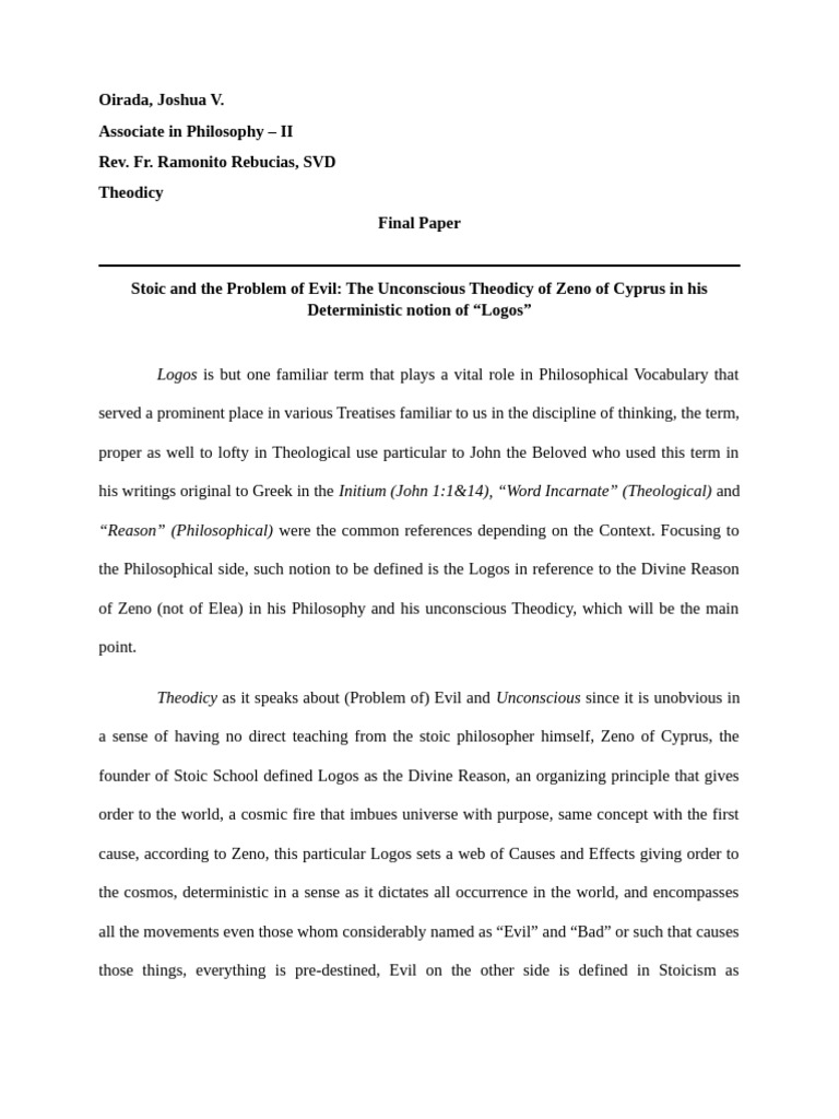 Stoic and The Problem of Evil | PDF | Stoicism | Logos