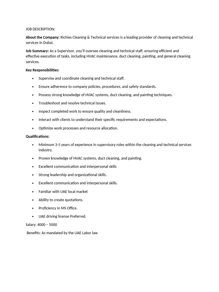 HVAC Supervisor Job Description | PDF | Technology & Engineering