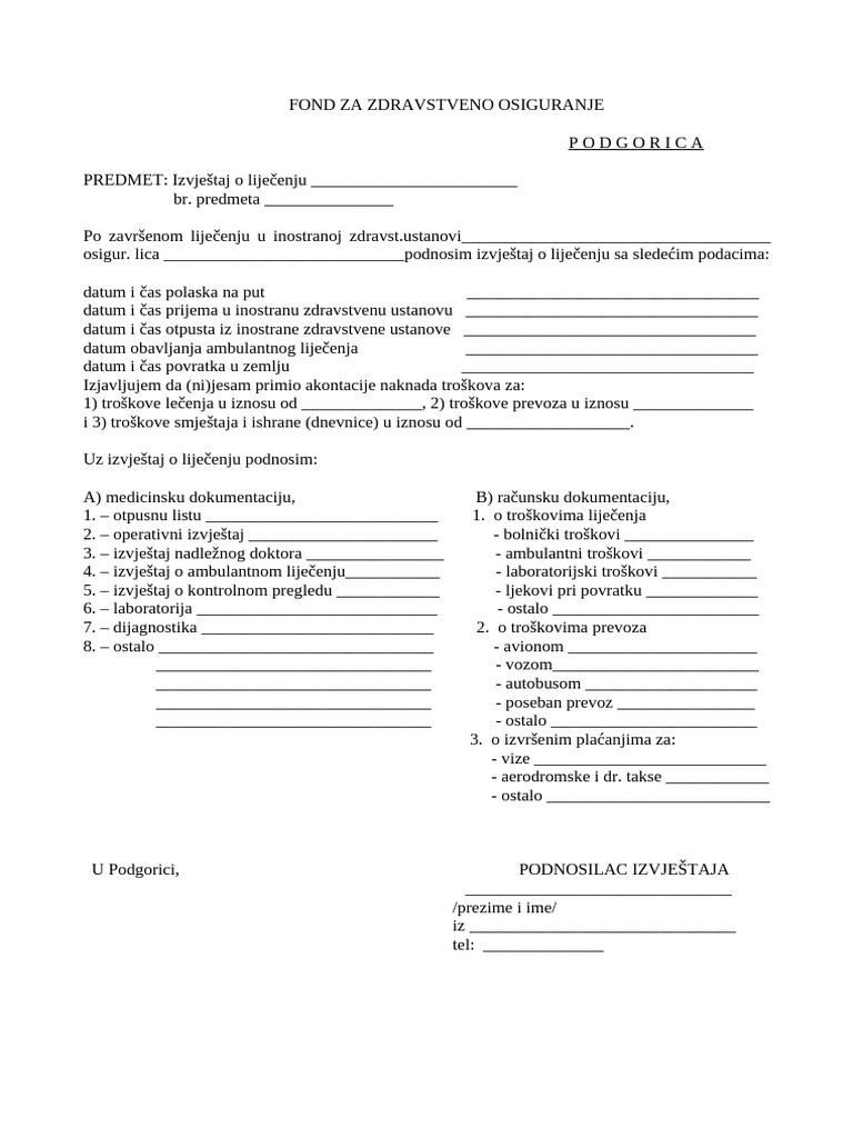 Obrazac - Izvjestaj o Lijecenju | PDF