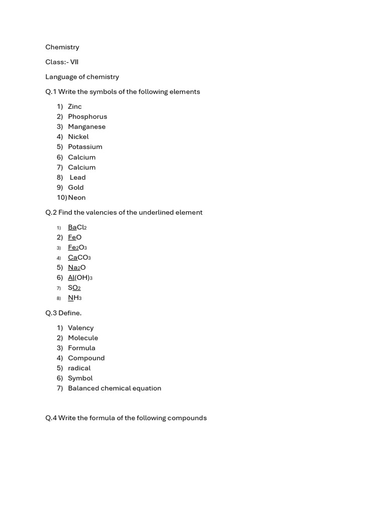 Chemistry Class VII: Symbols, Valencies & Equations | PDF | Chemical ...