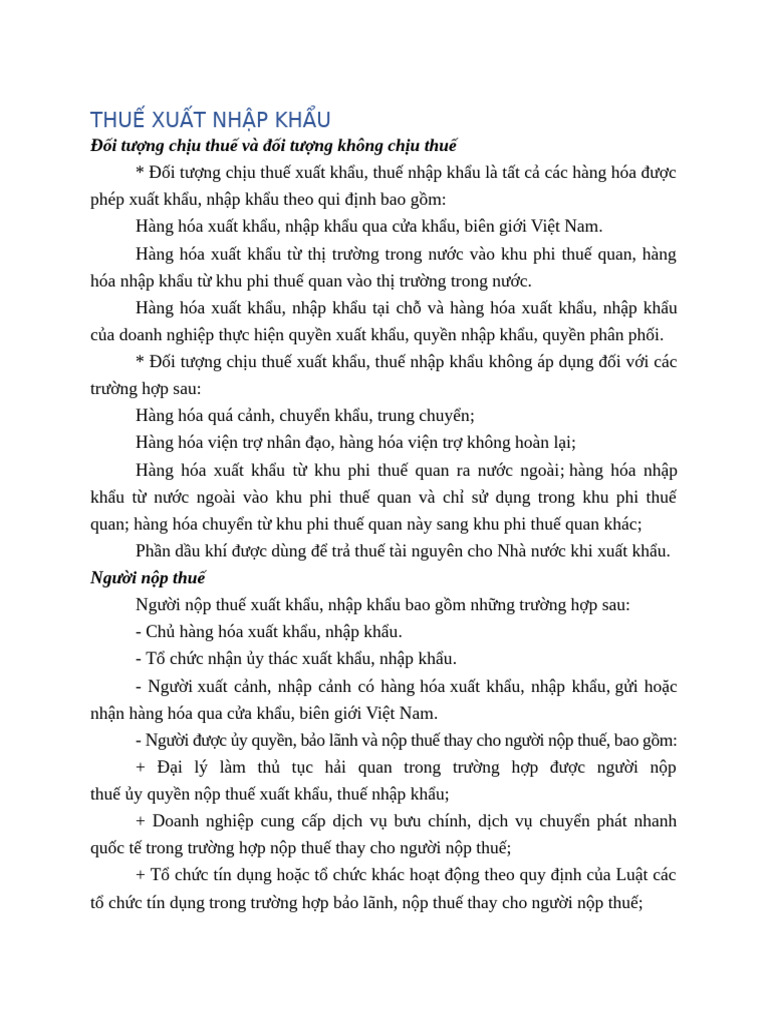 Đối tượng chịu và không chịu thuế và Người nộp thuế với thuế XNK TTĐB GTGT | PDF